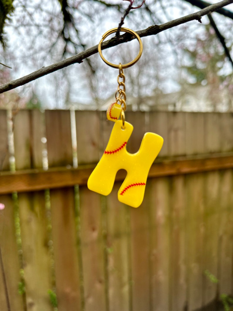 Personalized Softball Letter Keychain, Yellow Glitter Resin, Team Gift ...