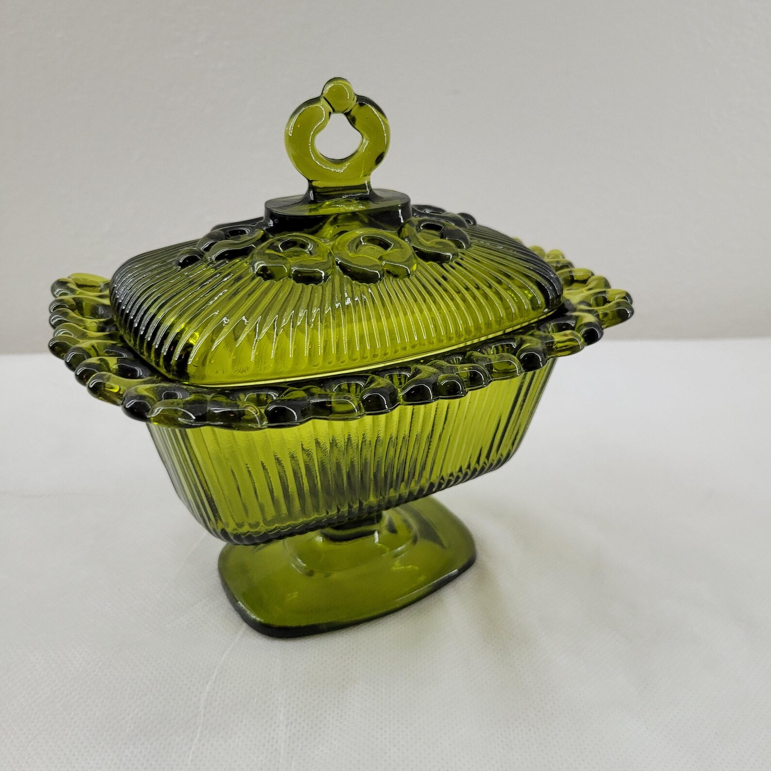 Vintage 1950s Indiana Glass Lace Edge Footed Green Candy Dish Compote ...