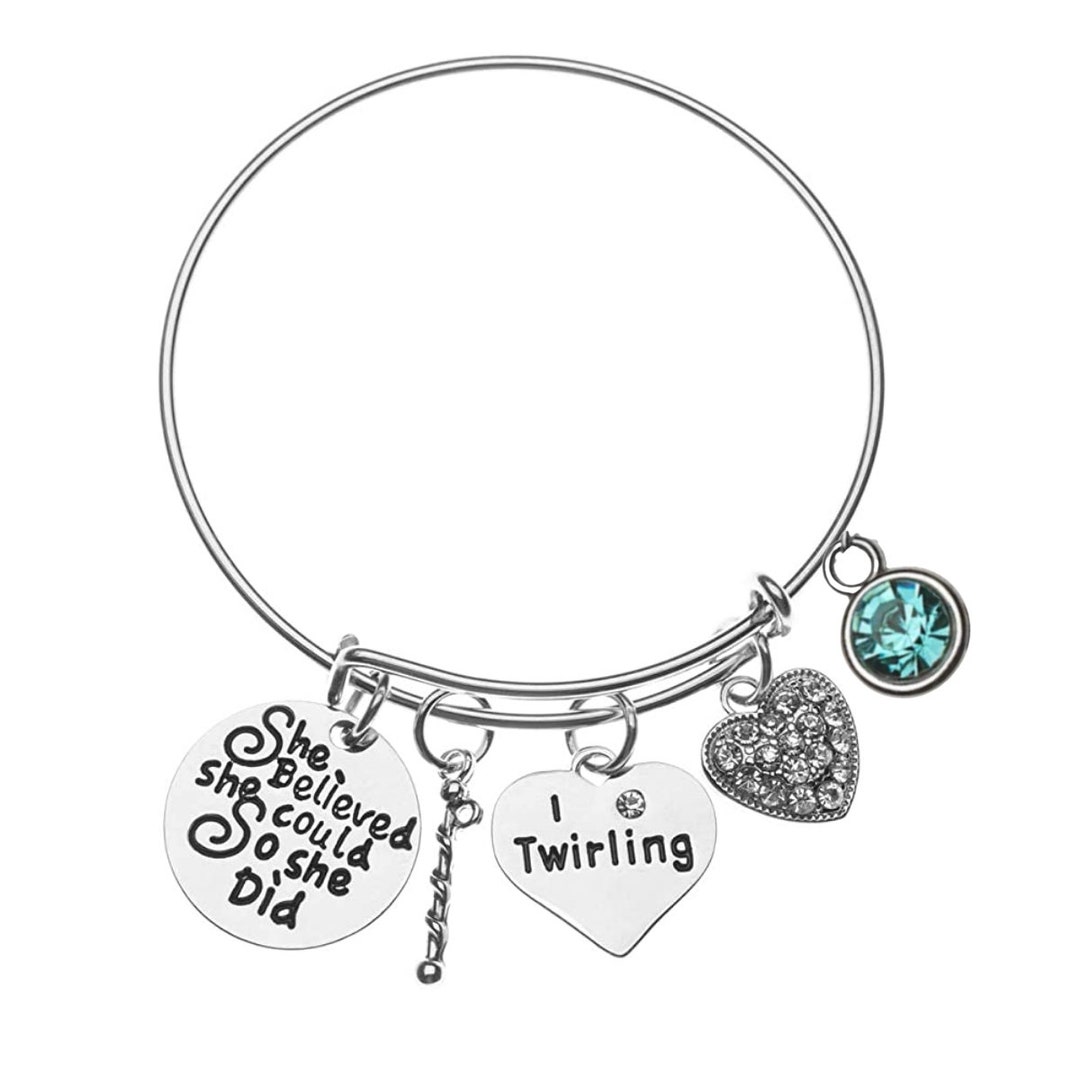 Personalized Girls Baton Twirling Charm Birthstone Bangle Bracelet ...