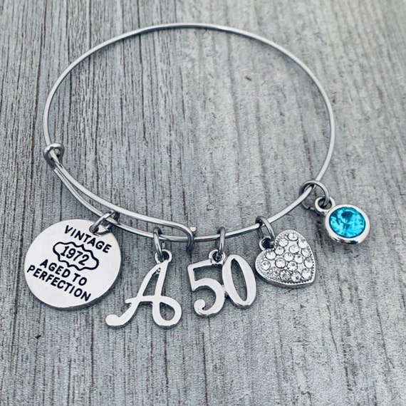 Personalized 50th Birthday Birthstone Letter Bangle Bracelet - Etsy