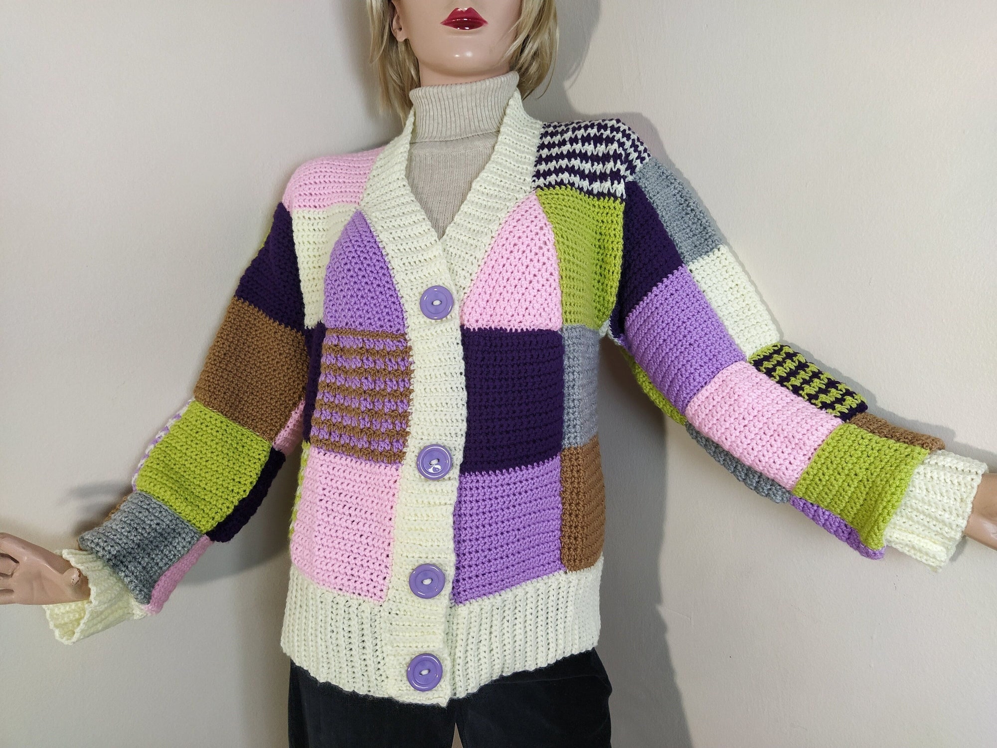 Women Chunky Sweater, Knit Patchwork Cardigan, Colorful Hand Knit ...