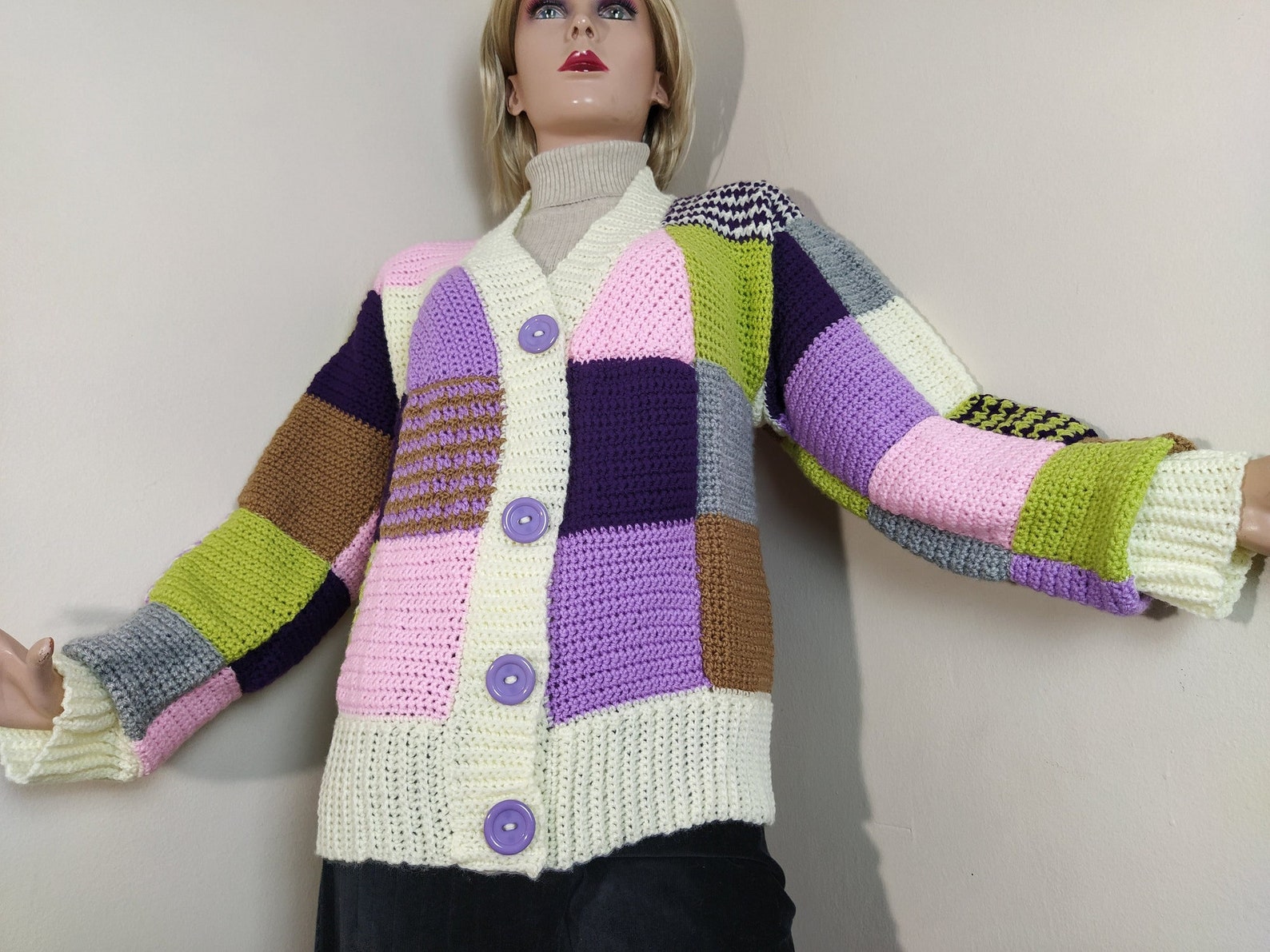 Women Chunky Sweater, Knit Patchwork Cardigan, Colorful Hand Knit ...