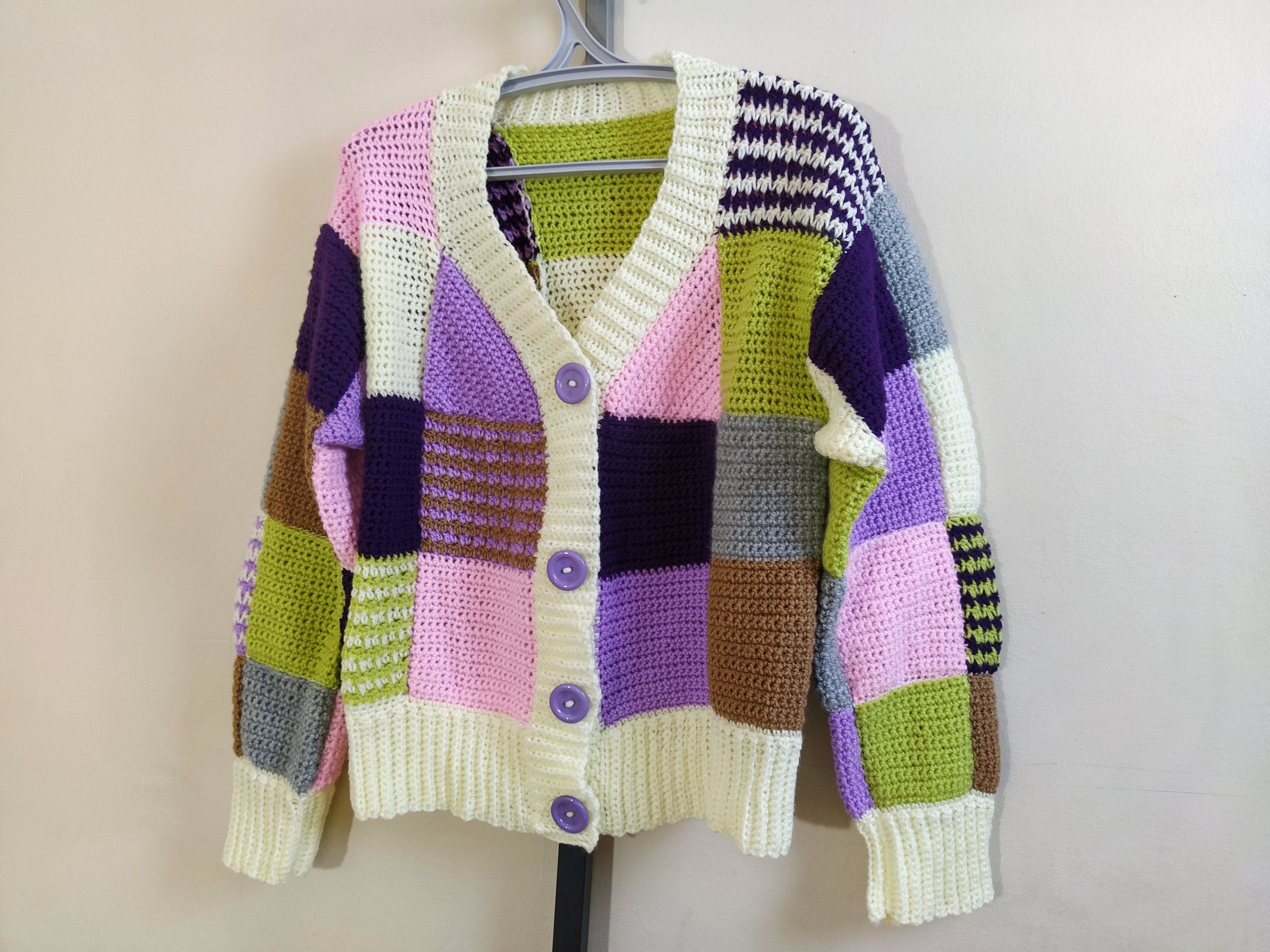 Women Chunky Sweater, Knit Patchwork Cardigan, Colorful Hand Knit ...