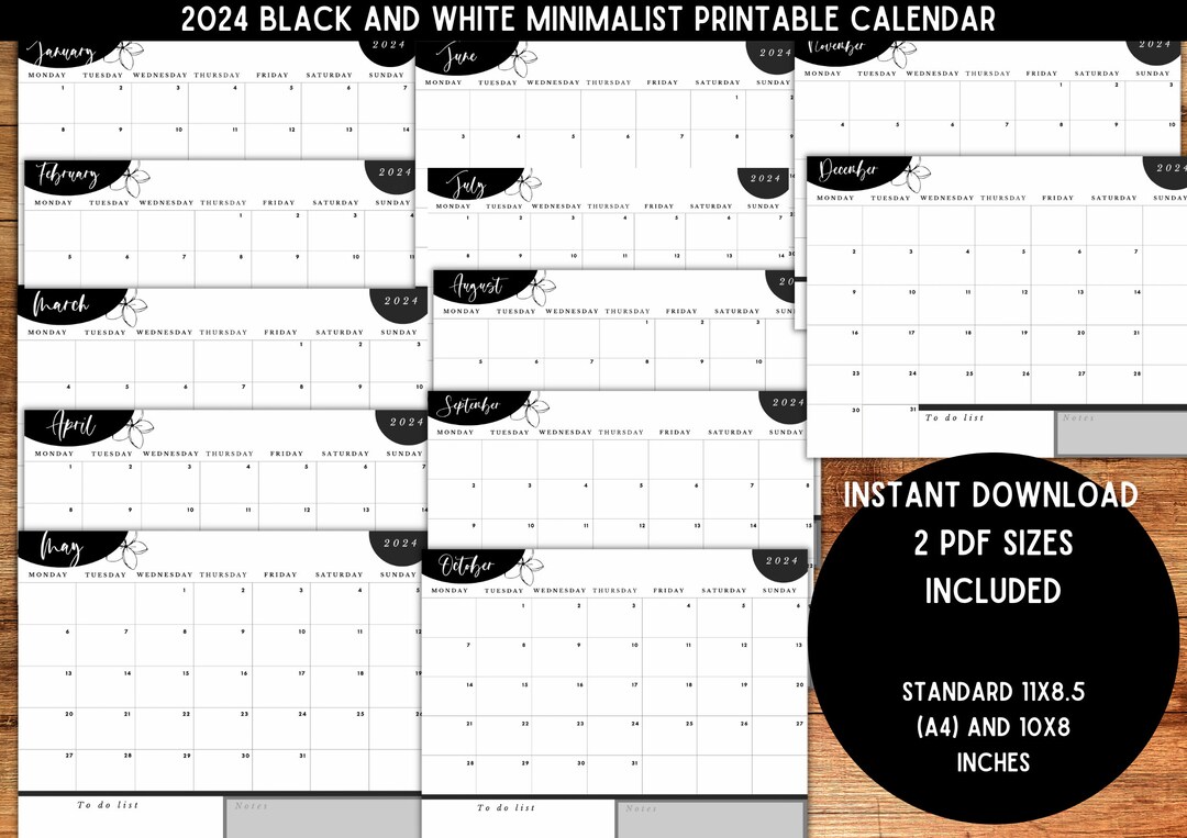 Printable 2024 Minimalist Black and White Calendar 2024 Calendar 11 X 8 ...
