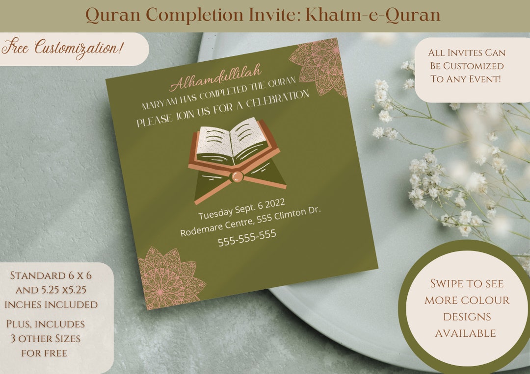 Quran Completion Mubarak Invitation Card, Khatm E Quran Muslima Invites ...