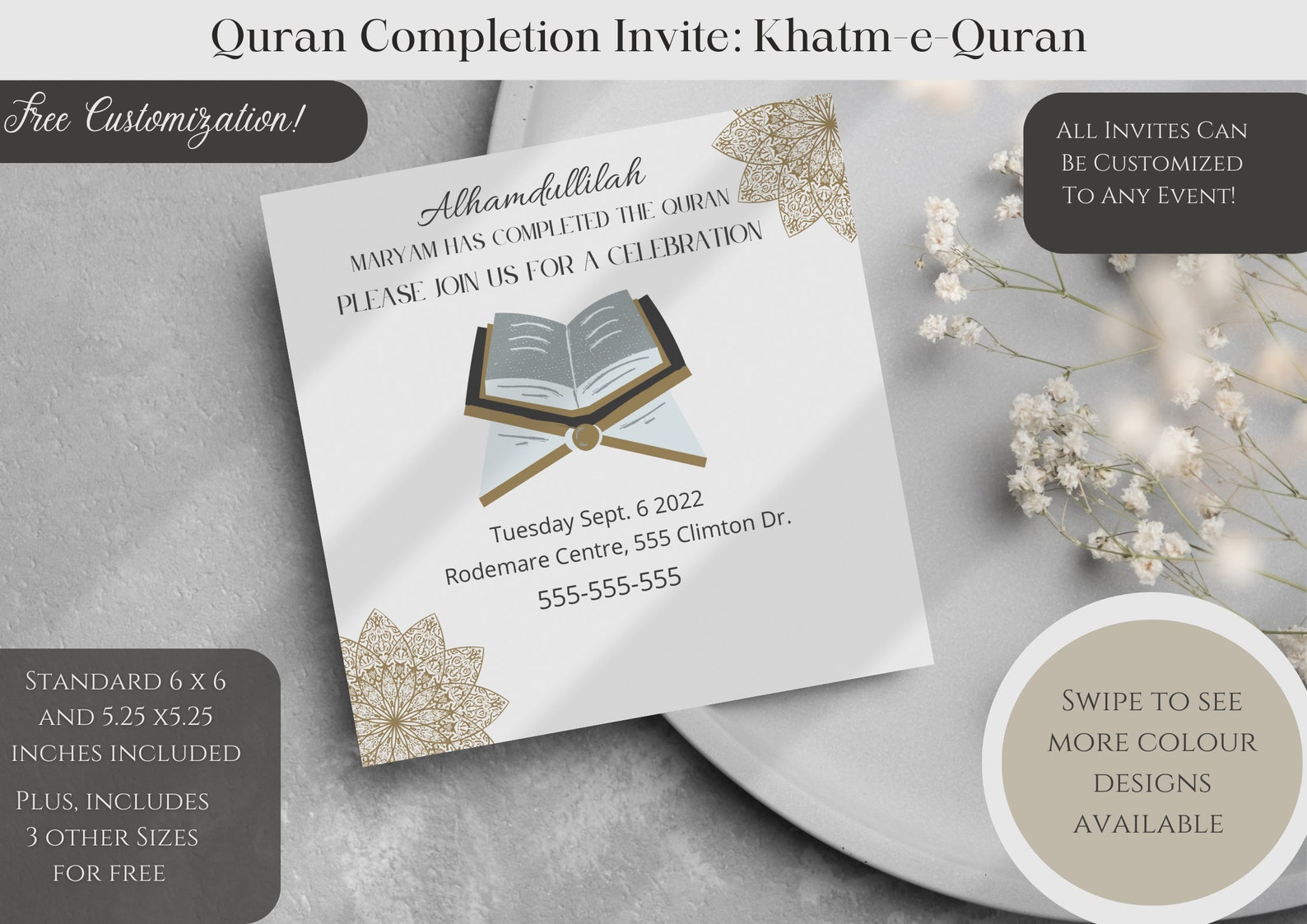 Quran Completion Mubarak Invitation Card, Khatm E Quran Muslima Invites ...