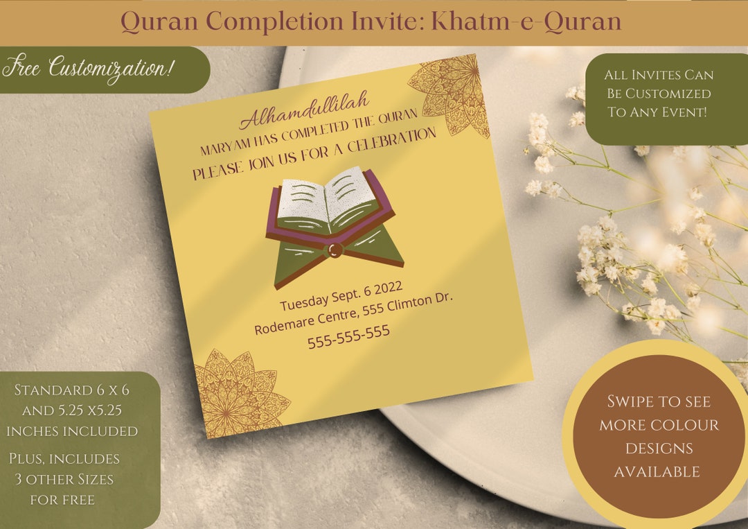 Quran Completion Mubarak Invitation Card, Khatm E Quran Muslima Invites ...