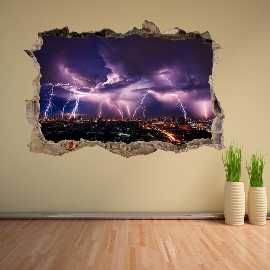 Thunderstorm Lightning Over City Wall Decal Sticker Mural Poster Print ...