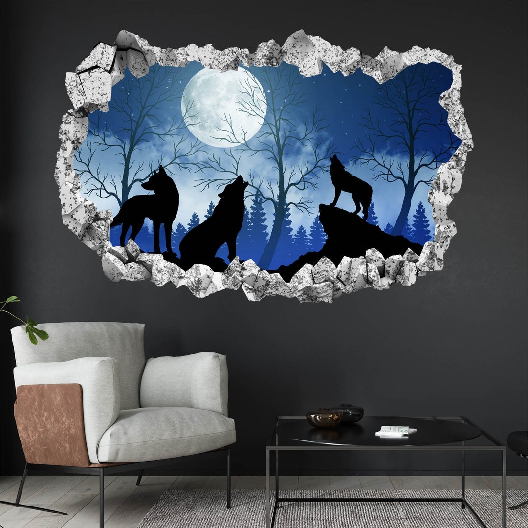 Wolf Wolves Howling Moon Silhouette Wall Sticker Mural Decal Print Art ...