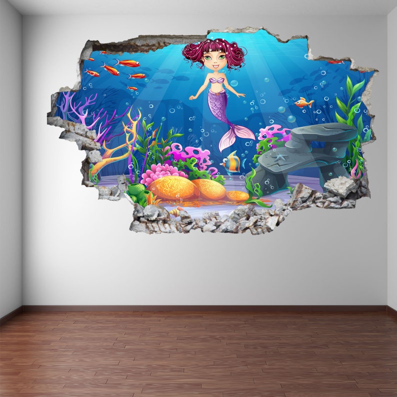 Mermaid Underwater Cartoon Wall Decal Sticker Mural Poster | Etsy