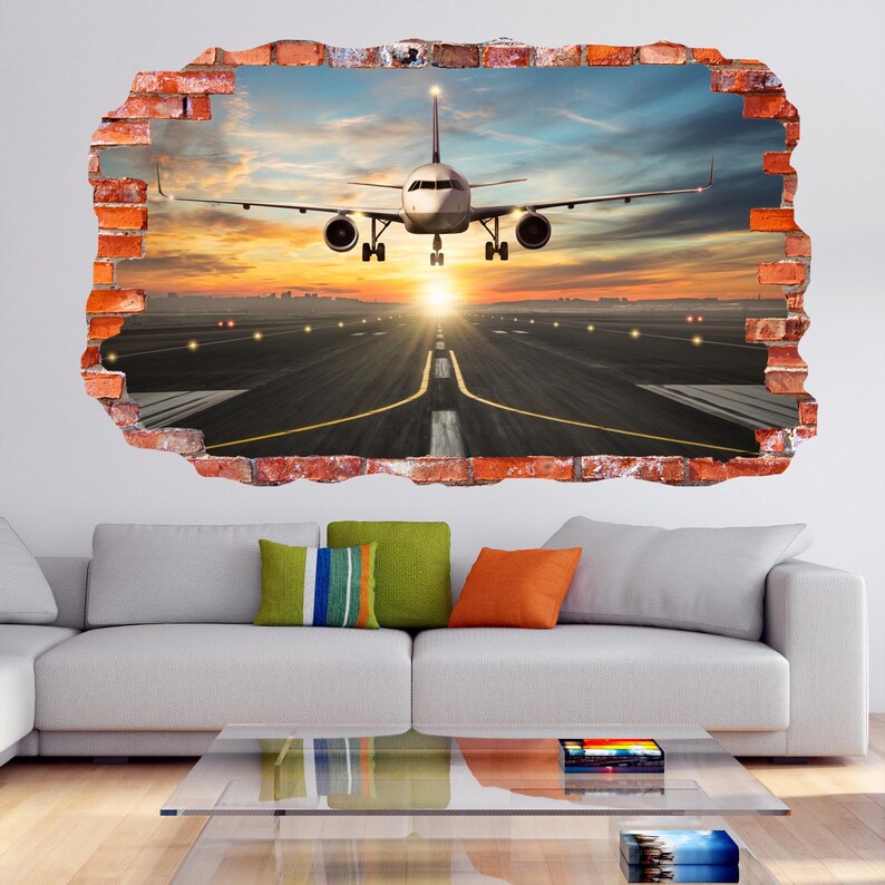 Airplane Aircraft Airport Runway Sunset Wall Sticker Mural Decal Poster ...