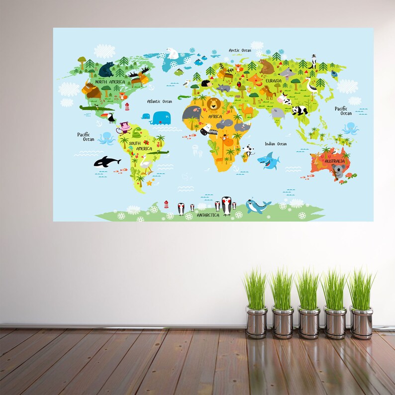 Animals World Map Wall Decal Sticker Mural Poster Print Art | Etsy