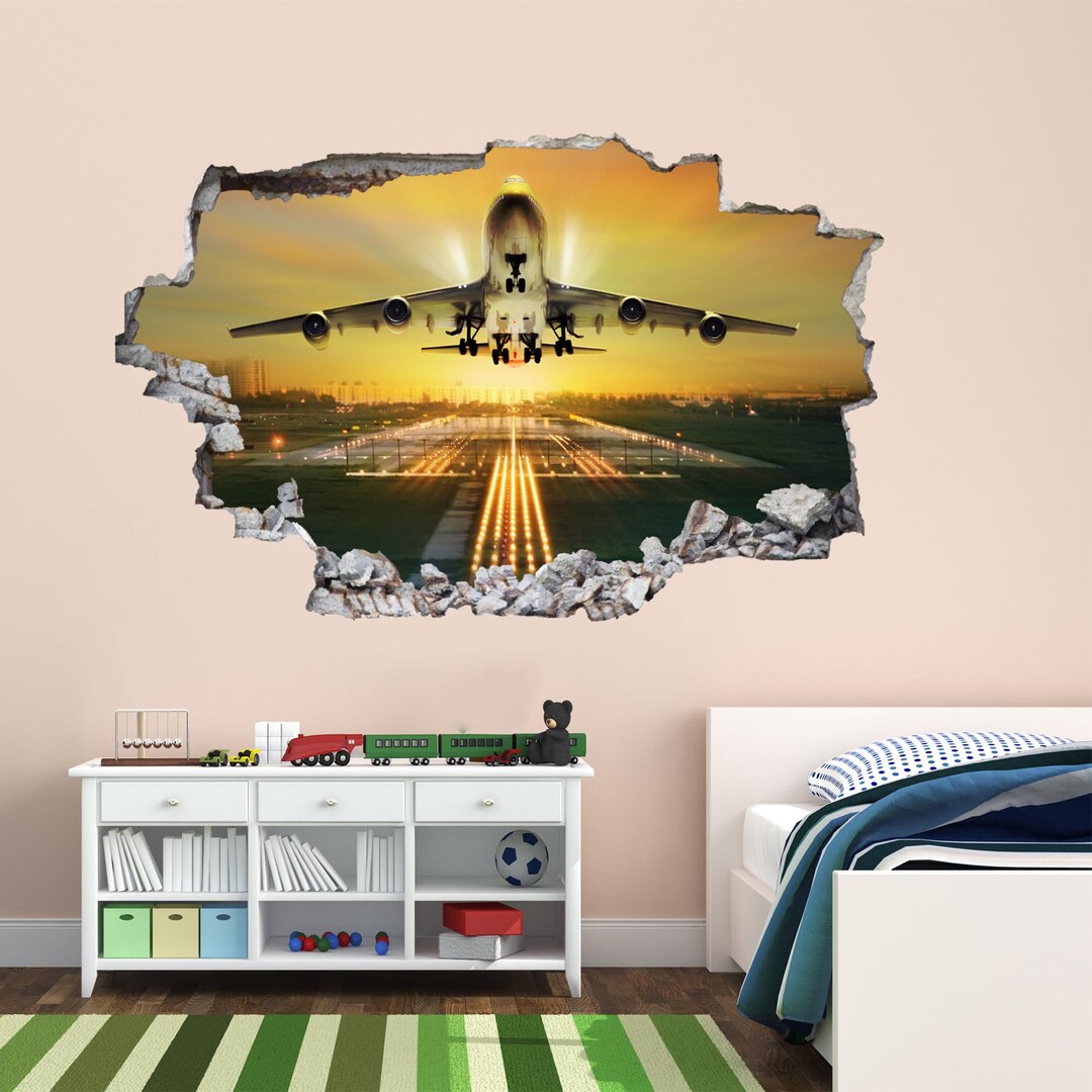 Airplane Aircraft Airport Runway Sunset Wall Sticker Mural Decal Poster ...