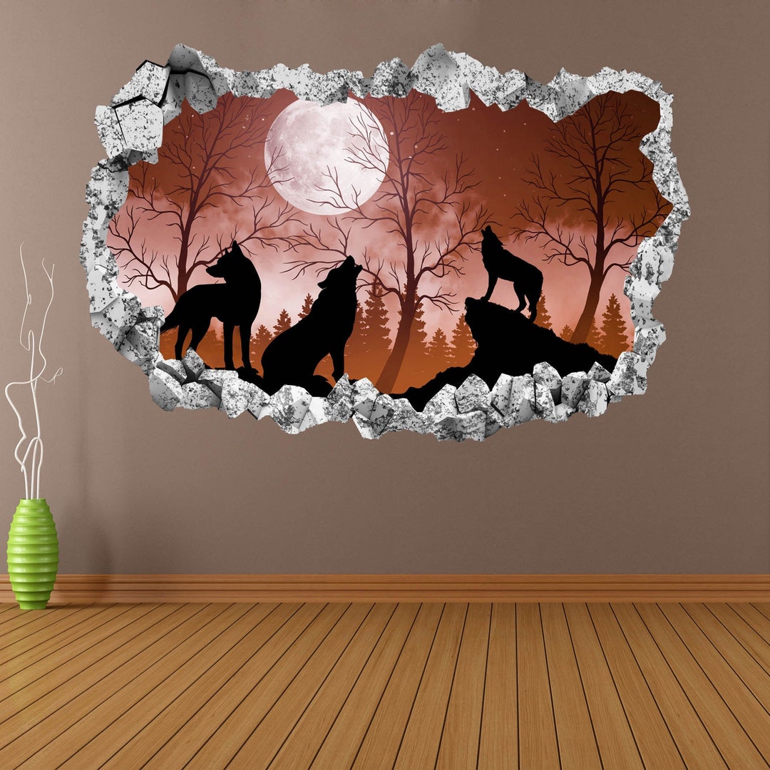 Wolf Wolves Howling Moon Silhouette Wall Sticker Mural Decal Print Art ...