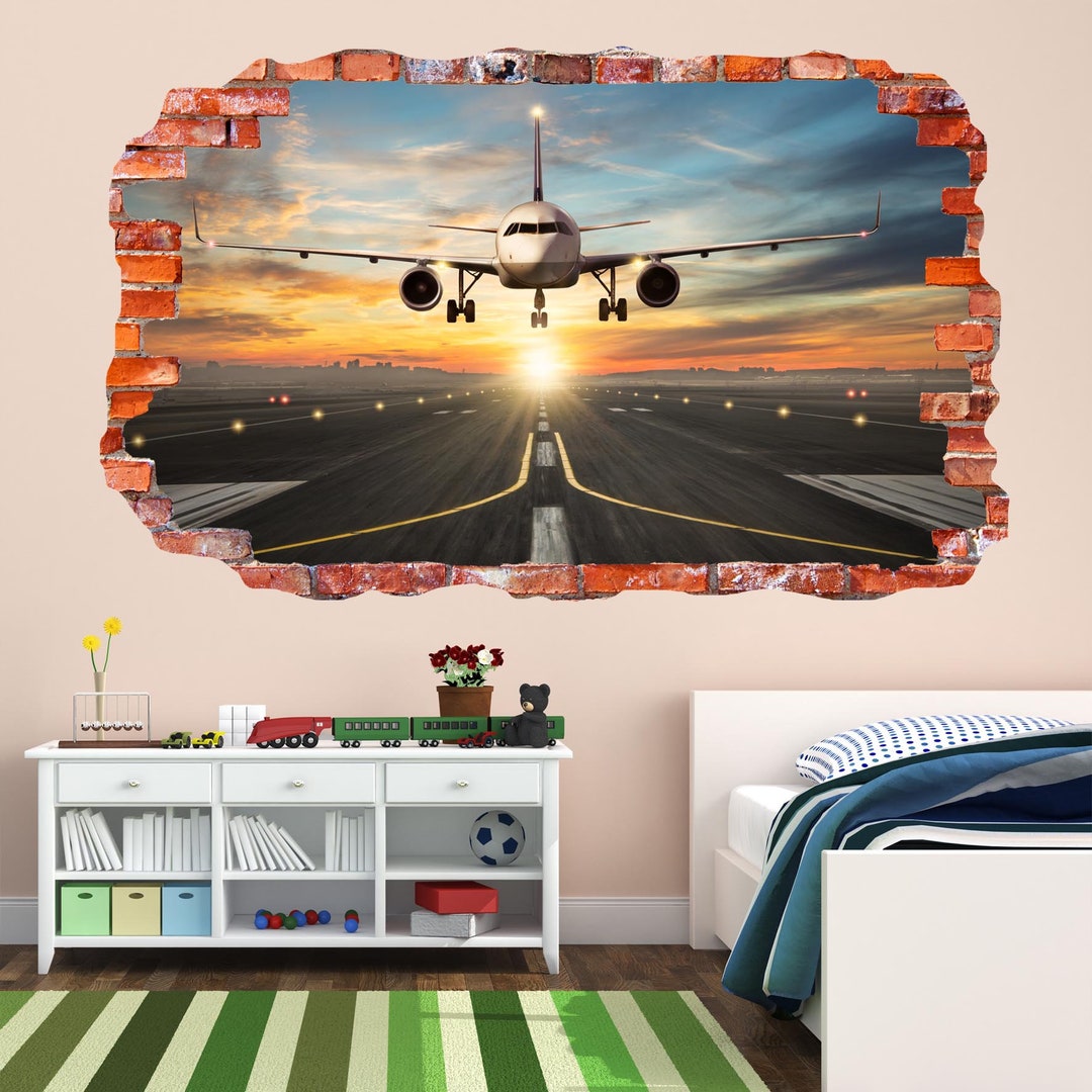 Airplane Aircraft Airport Runway Sunset Wall Sticker Mural Decal Poster ...