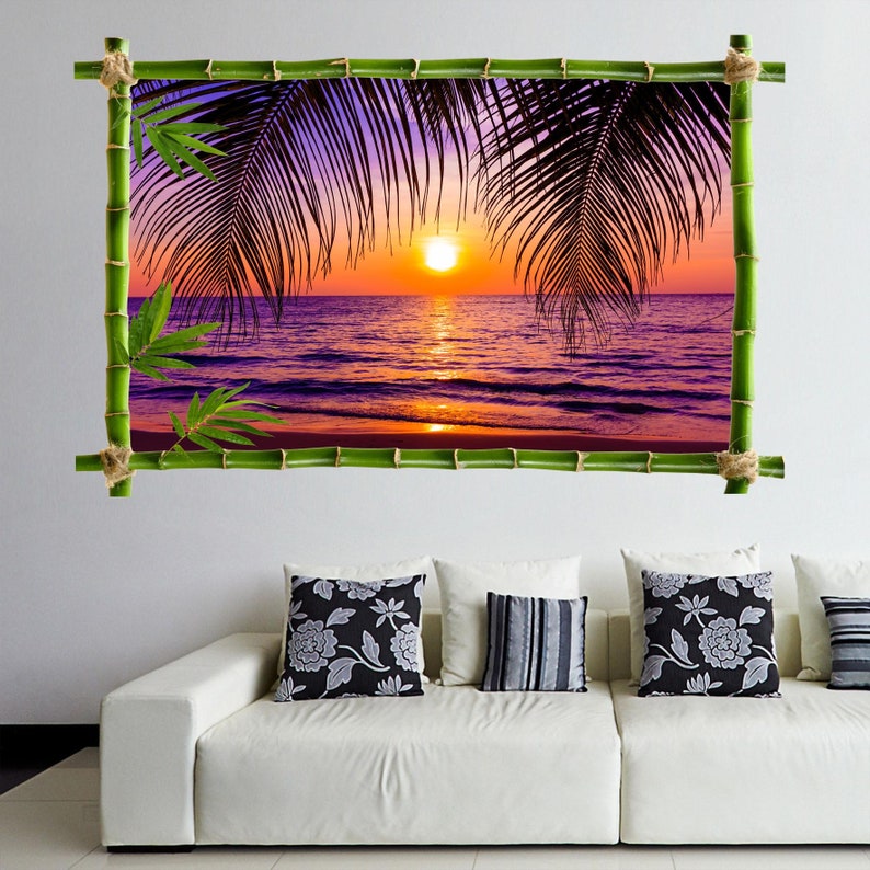 Paradise Beach Sunset Tropical Trees Wall Decal Sticker Mural Print Art ...