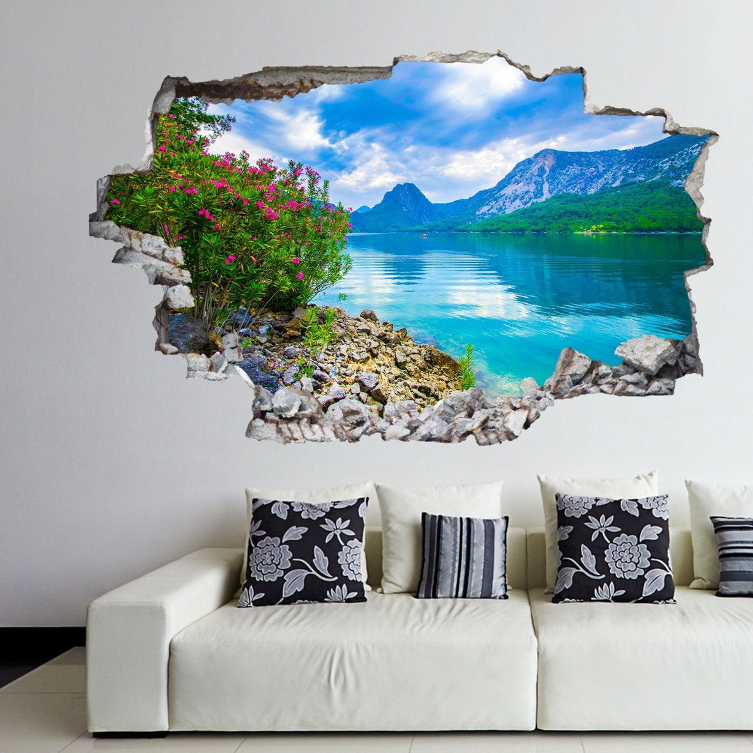 Mountain River Flowers Landscape Wall Decal Sticker Mural Poster Print ...