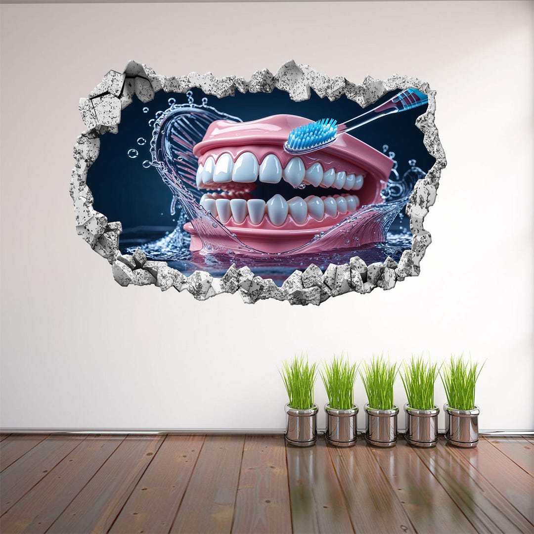 Funny Teeth Wall Art Sticker | Toothbrush & Dentures Wall Decal for ...