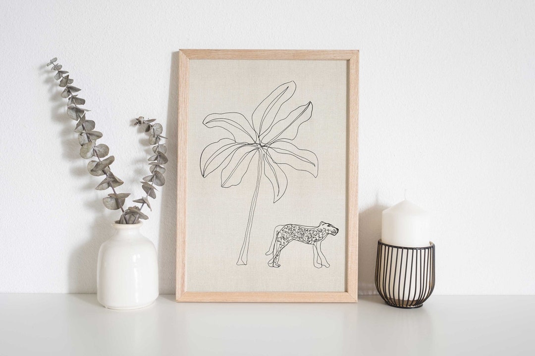 Hand Drawn Palm & Leopard Line Art Print With Linen Texture on Quality ...