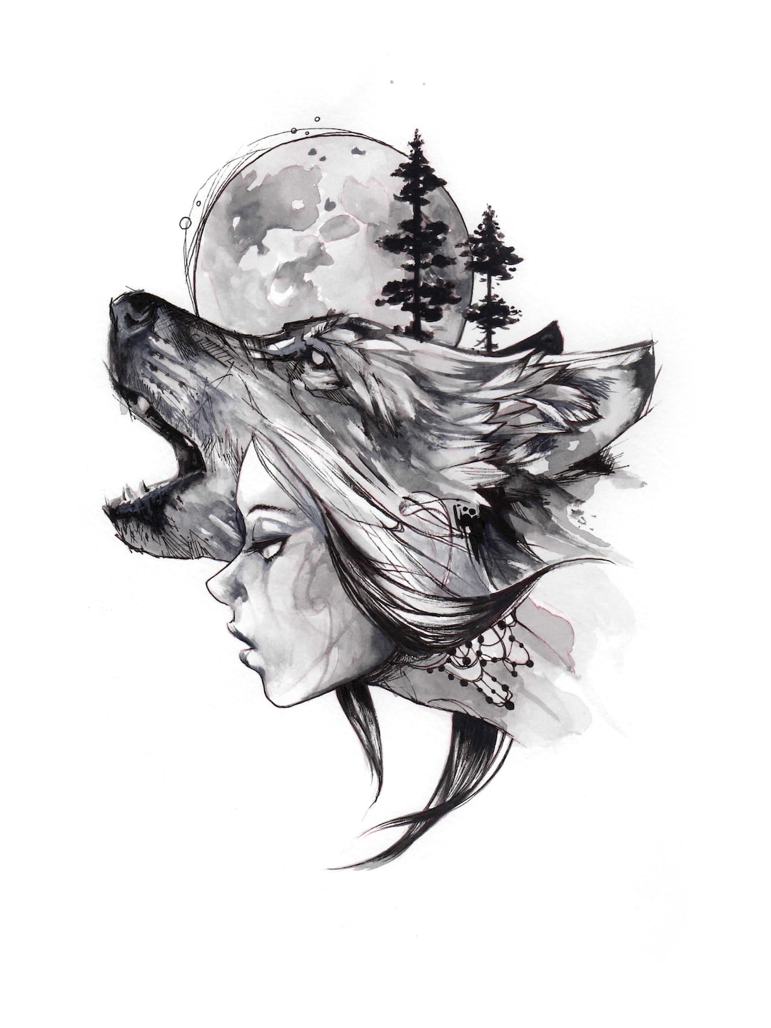 Half Girl Half Wolf Face Drawing