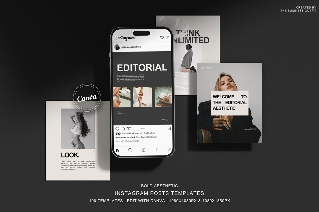 100 Bold Editorial Aesthetic Instagram Posts | Editable Canva Template ...