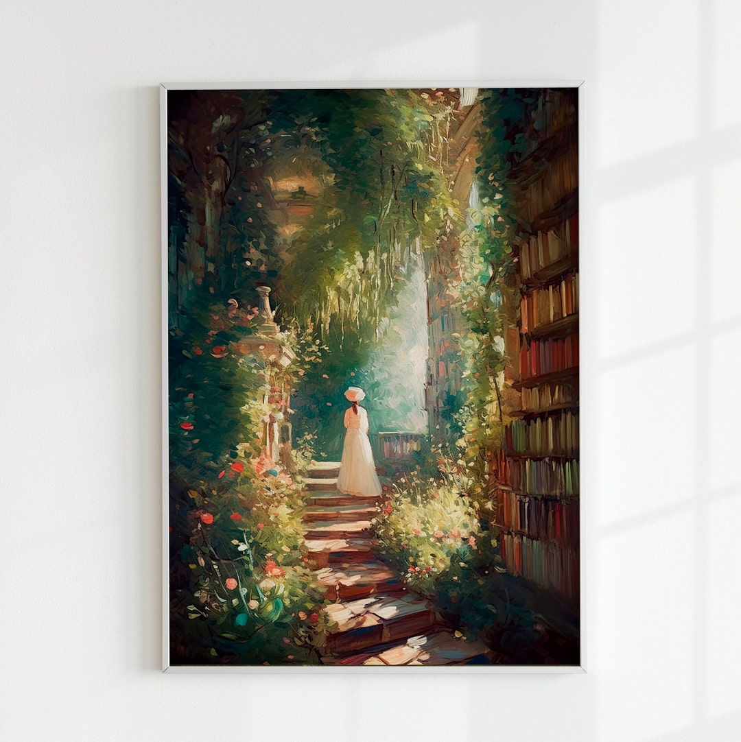 The Library | Surreal Antique Oil Painting, Vintage Landscape Art, Book ...