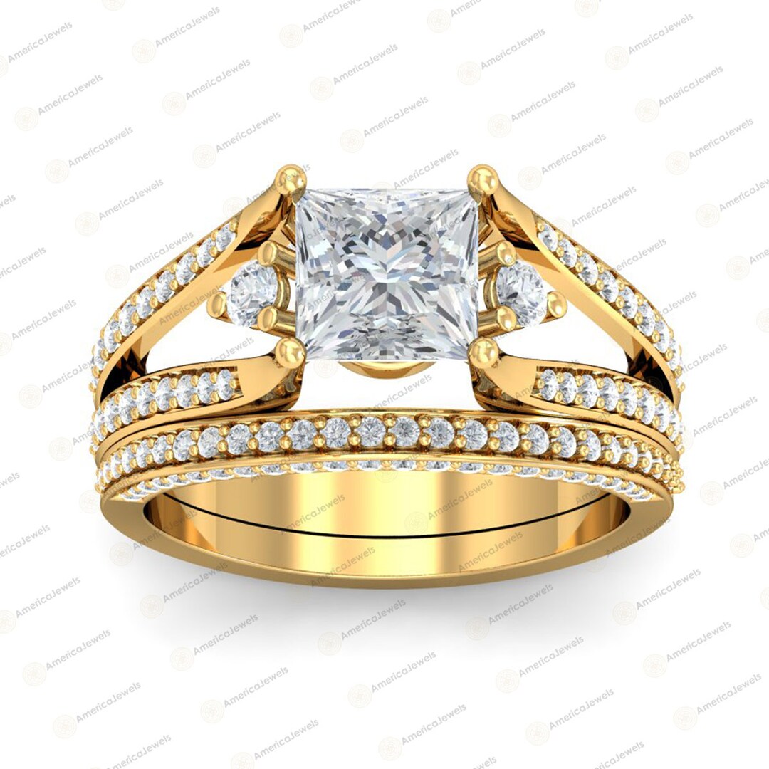 Bridal Ring Set 2.45ct Princess Cut White Sapphire Wedding Engagement Ring Set 925 Sterling ...