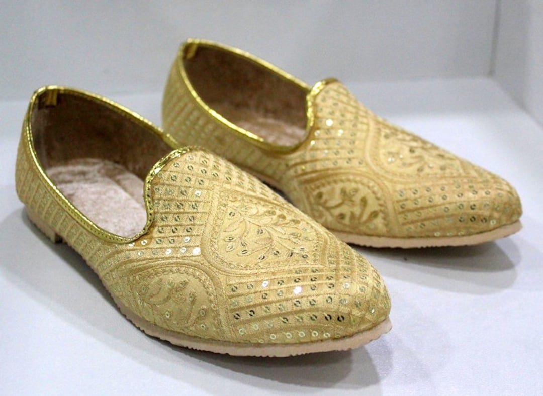 Gold Punjabi Jutti for Men Hand Embroidered Groom Shoes Ethnic Jutti - Etsy
