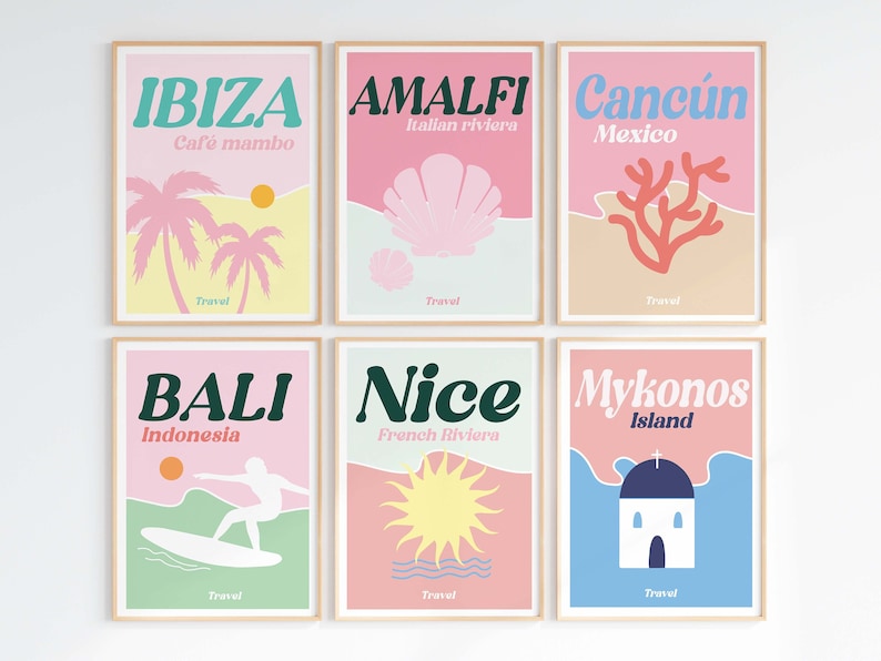 Travel Poster Set of 6 / Gallery Wall / Colourful Wall Art / Digital ...