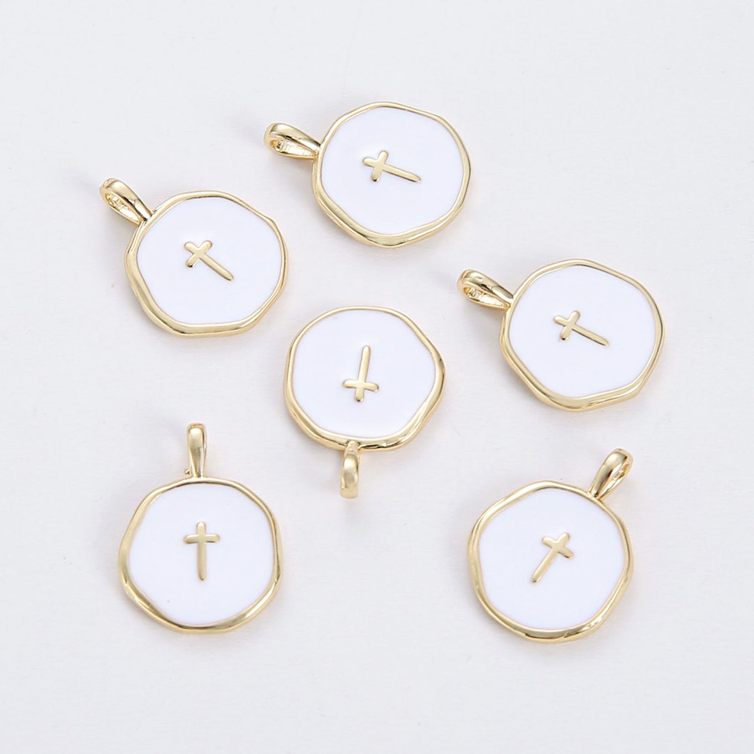 6pcs Real Gold Plated Cross Charm, White Enamel Cross Pendant, Disc Tag ...