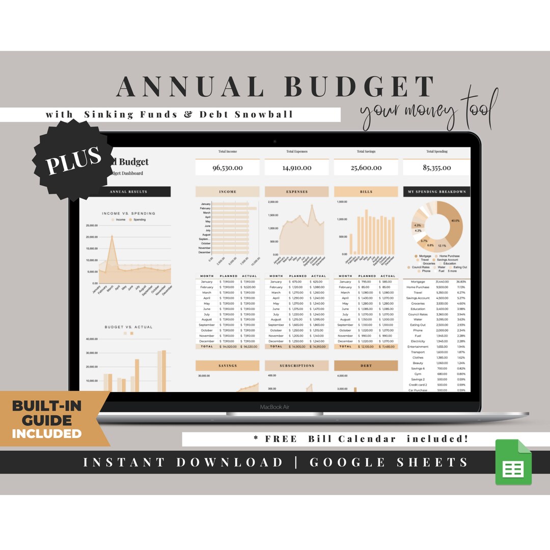 Annual Budget Google Sheets, Budget Planner, Annual Budget Spreadsheet ...