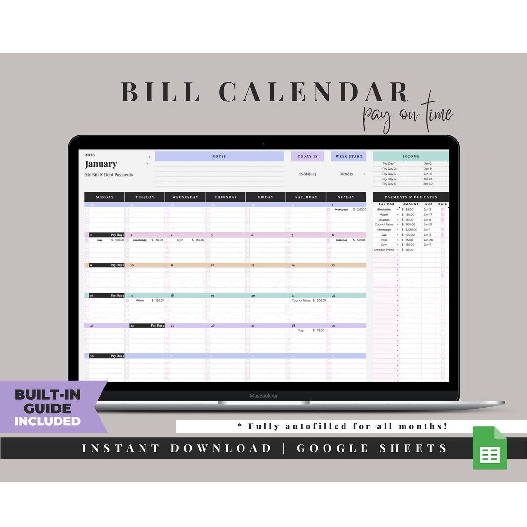 Bill Tracker Spreadsheet, Bill Calendar Spreadsheet, Google Sheets ...