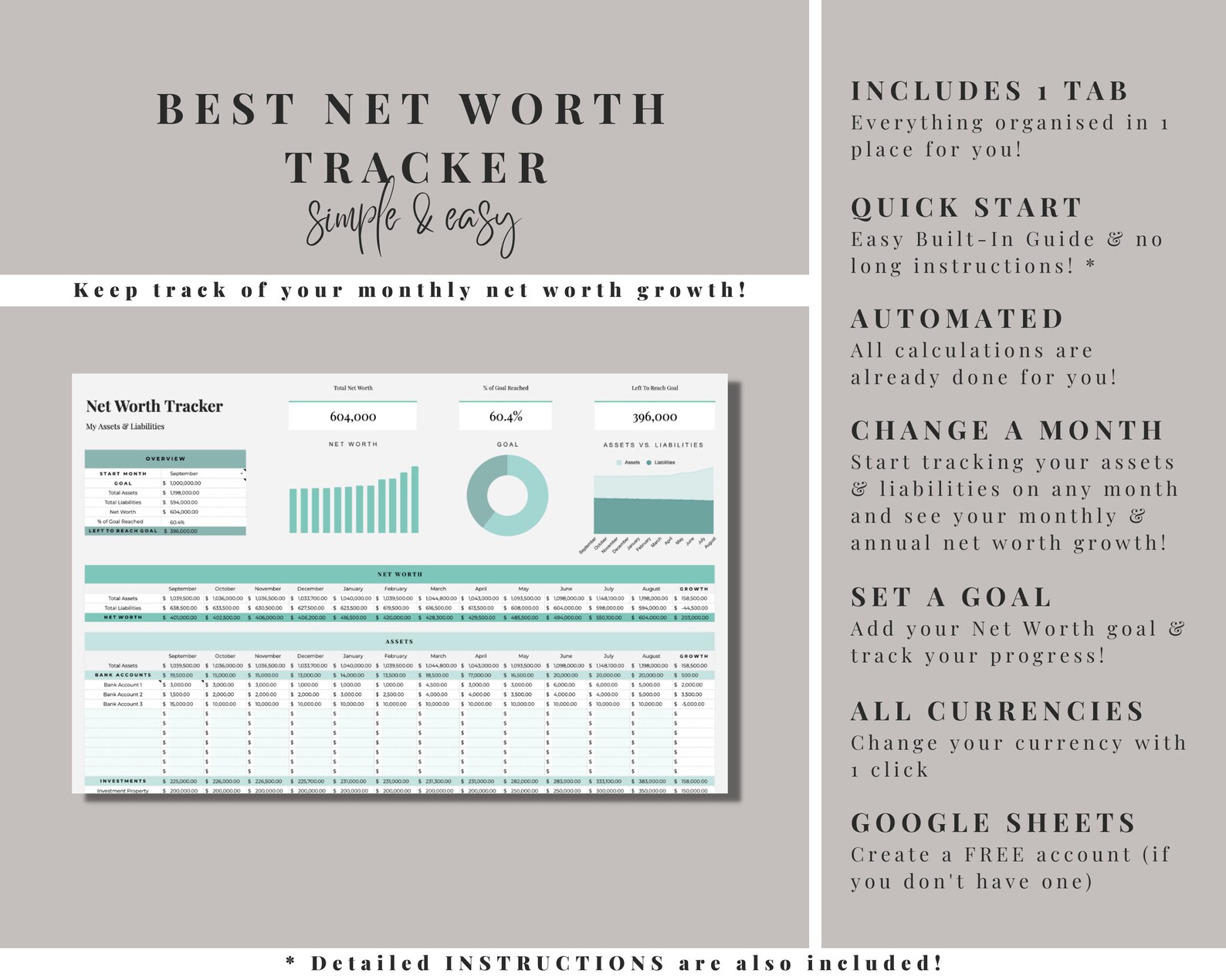 Net Worth Tracker Spreadsheet, Google Sheets, Net Worth Calculator ...
