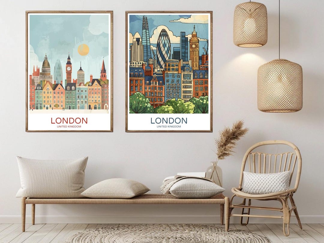 London Skyline Poster Travel Paper Print London River Thames United Kingdom Canvas Vintage ...
