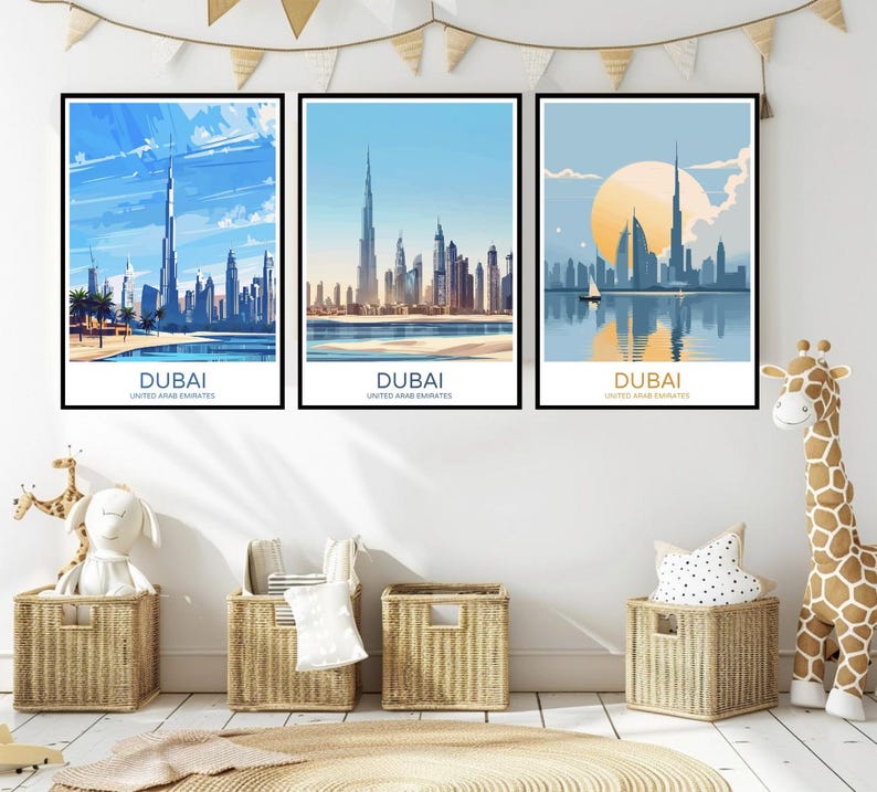Dubai Skyline Poster Travel Paper Print Burj Khalifa Dubai United Arab ...