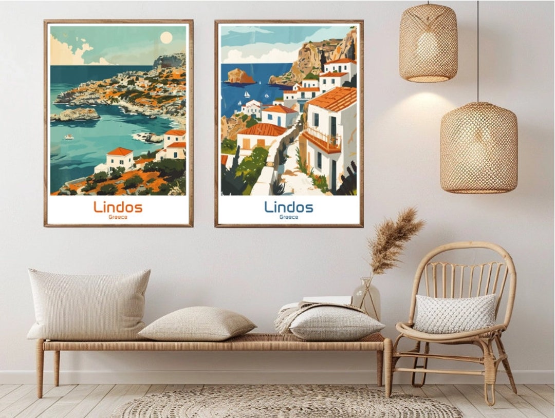 Lindos Greece Travel Poster: Aegean Sea Art Print - Etsy