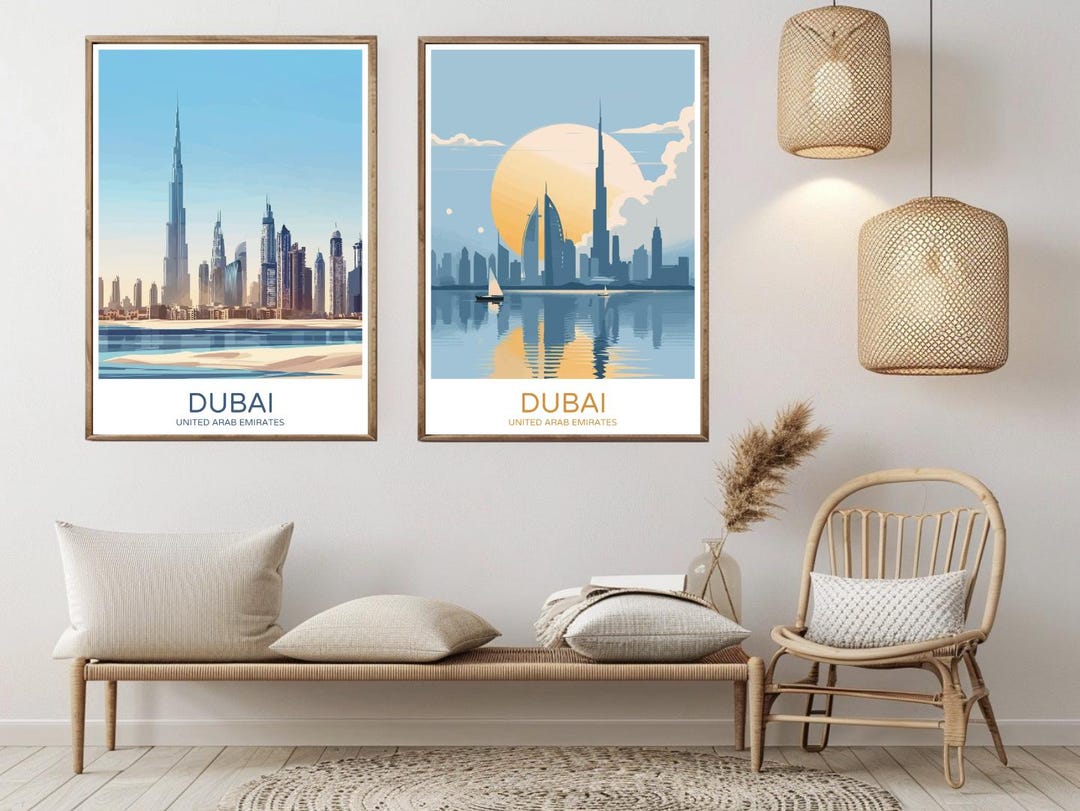 Dubai Skyline Poster Travel Paper Print Burj Khalifa Dubai United Arab ...
