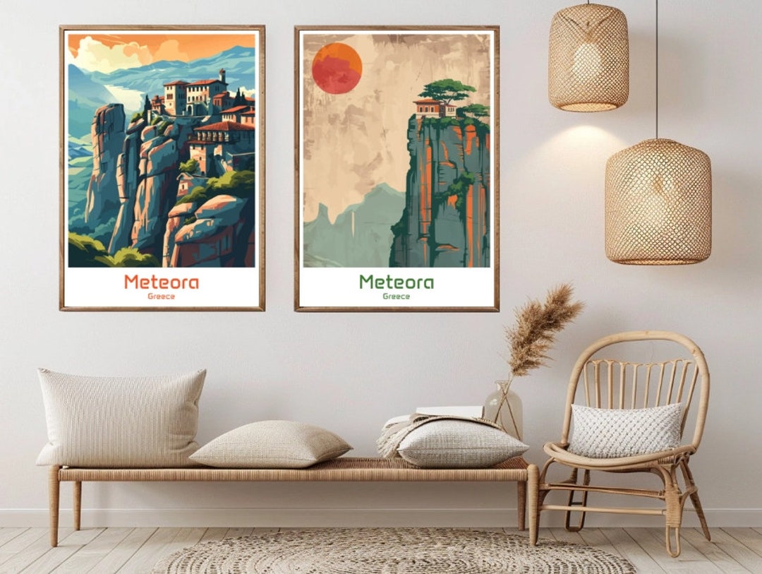Meteora Greece Poster Travel Paper Print Greece Meteora Canvas Vintage ...