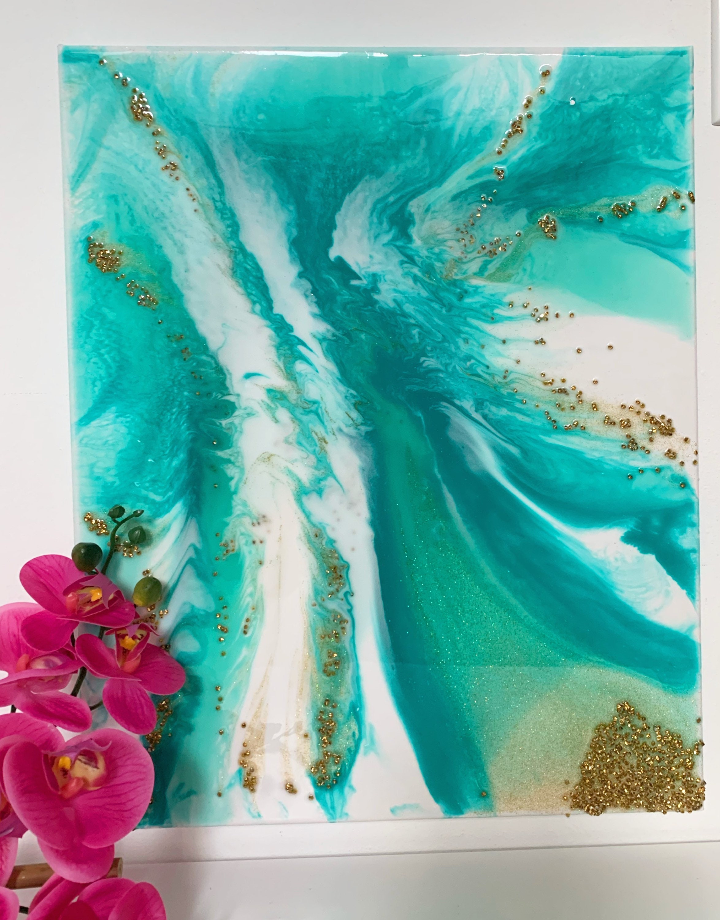 Teal & Gold Marble Resin Artwork - Etsy