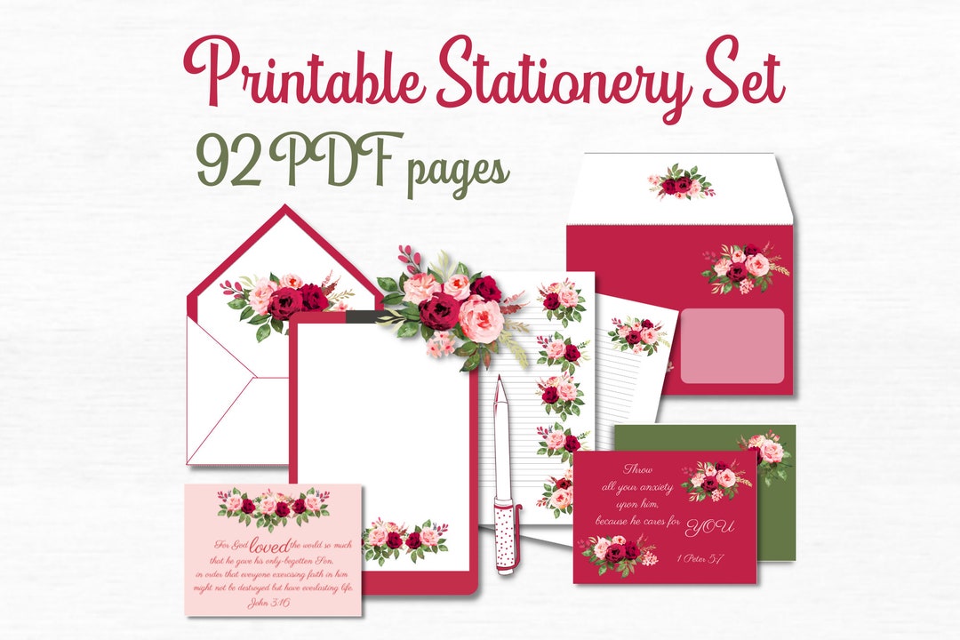 Printable Stationery Set Rose Watercolor Stationary Paper Cute ...