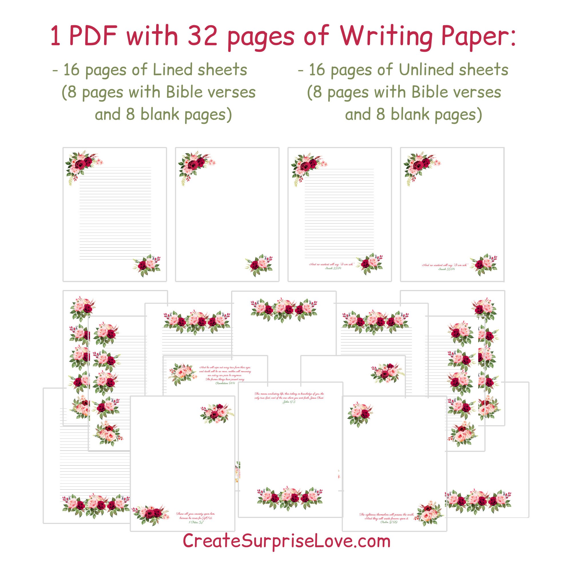 Printable Stationery Set Rose Watercolor Stationary Paper Cute - Etsy