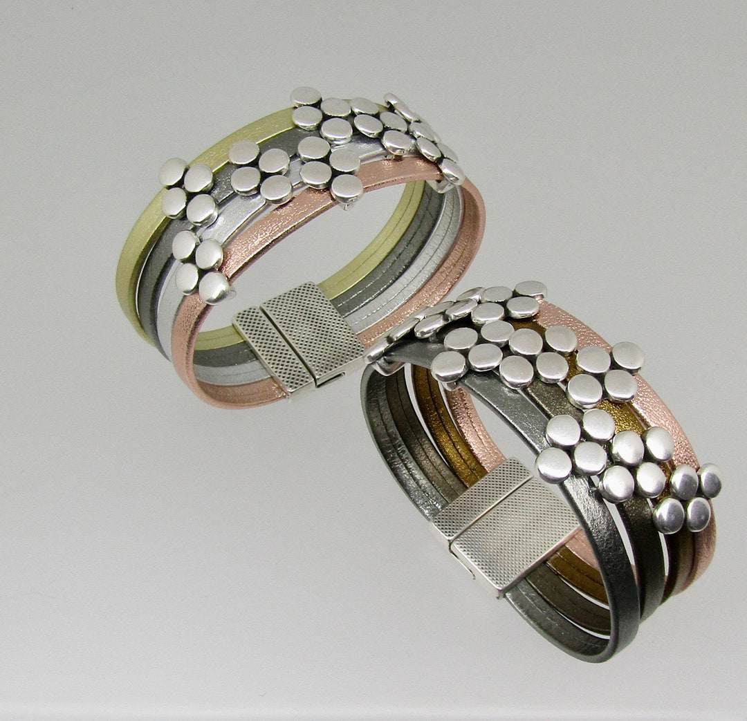 Metallic Leather Cuff Bracelet: 20mm Magnetic Clasp, Silver Pewter ...