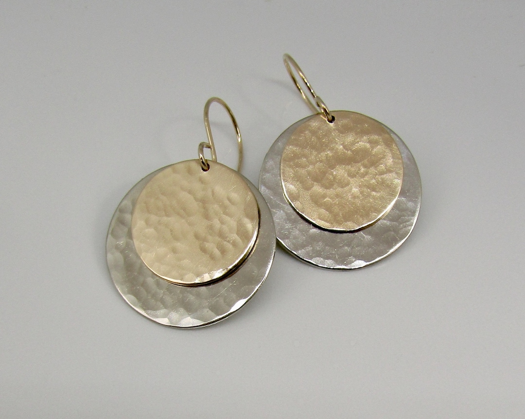 Mixed Metal Earrings, Hammered Gold and Silver Disc Earrings ...