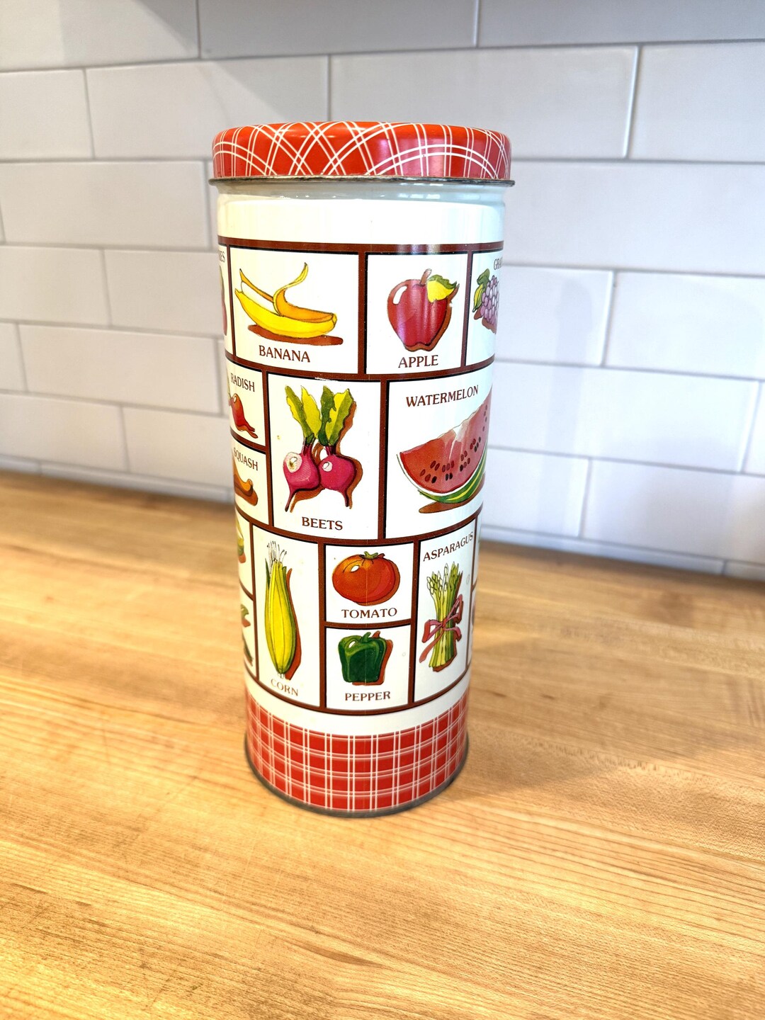 Vintage Kitchen Tin Canister 'red Check W/vegetables and Fruit ...
