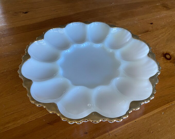 Vintage Anchor Hocking Milk Glass Deviled Egg Server, Deviled Egg Plate W/gold Trim - Etsy