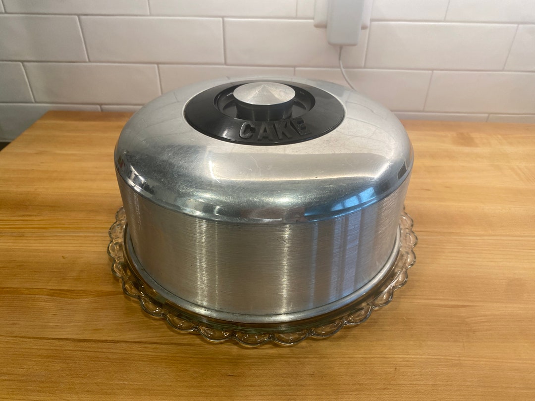 Vintage Footed Glass Cake Plate W/fitted Aluminum Cake Dome: Indiana ...