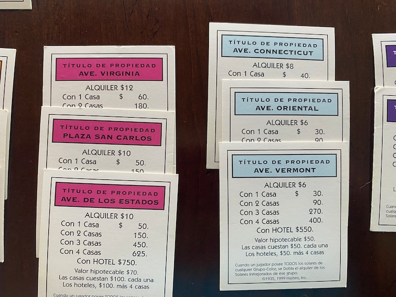 Juego MONOPOLY Clásico - Cartas de Título de Propiedad en Español ...
