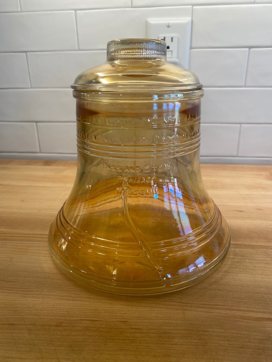 Amber Glass Liberty Bell Cookie Jar, Embossed Bell Shape Cookie Jar by ...