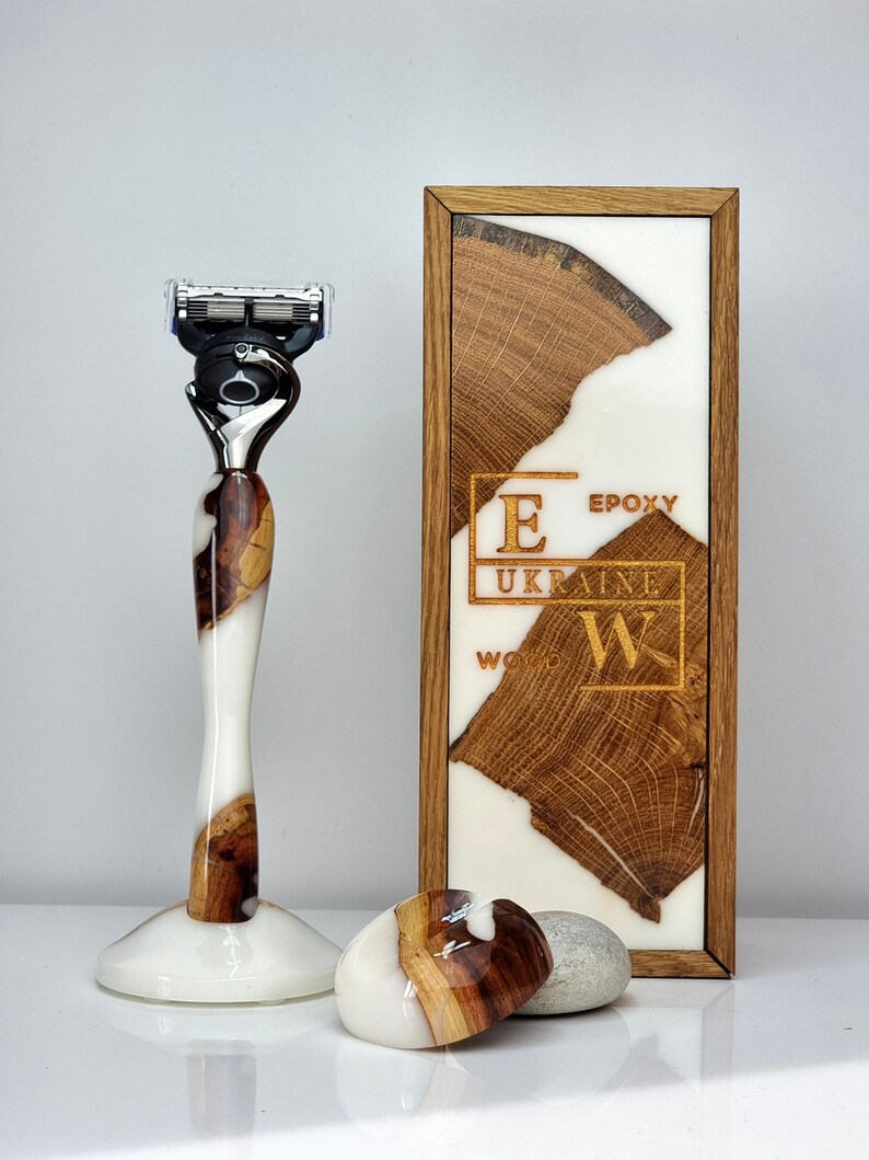 Luxury Wooden White Shaving Kit, Handmade Epoxy Wood Razor Stand ...