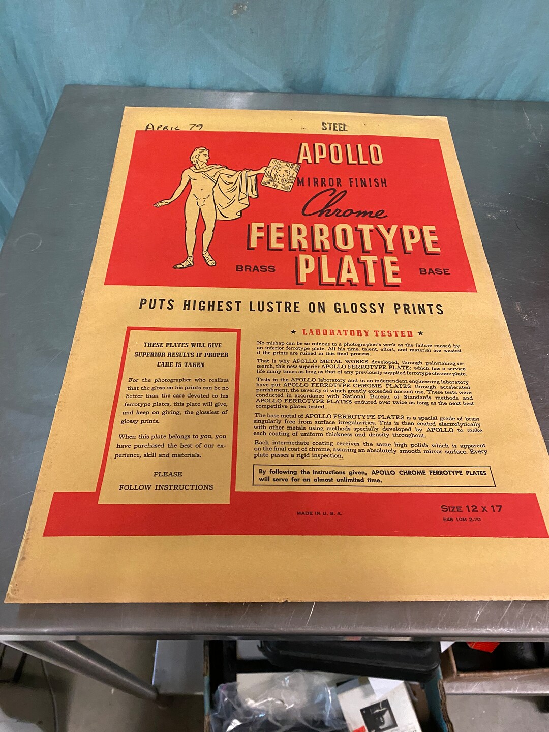 Vintage Apollo 12X17” Mirror Finish Chrome Ferrotype Plate Brass Base ...